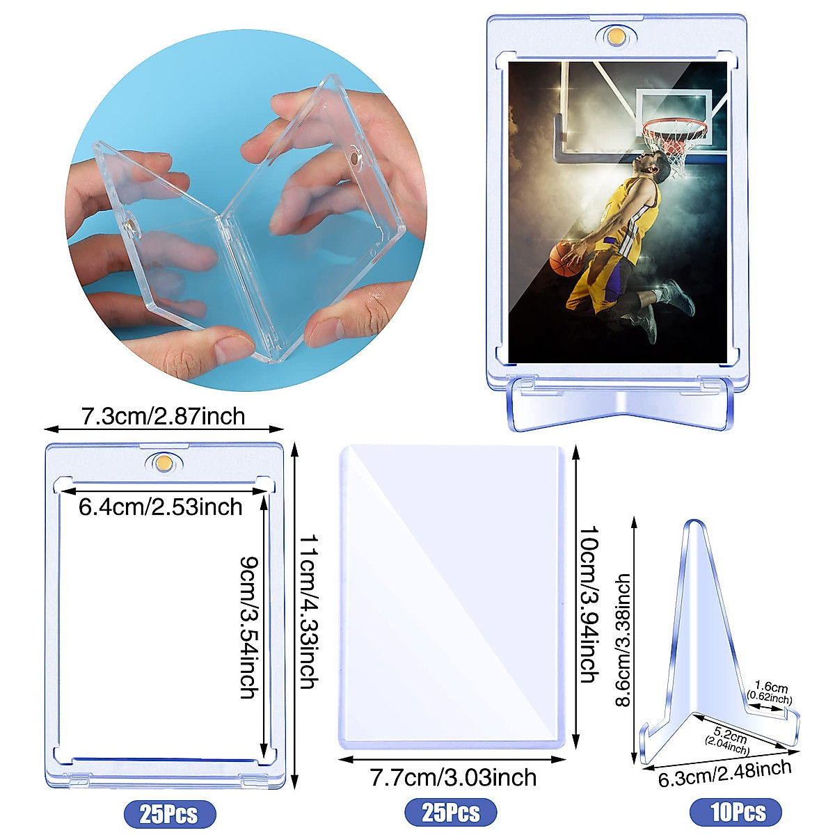 60 Pcs Magnetic Card Holder Set, Baseball Card Protectors Hard Plastic with Acrylic Display Stands, 35Pt Magnet Card Holder for Trading Cards Sports Game Card Display