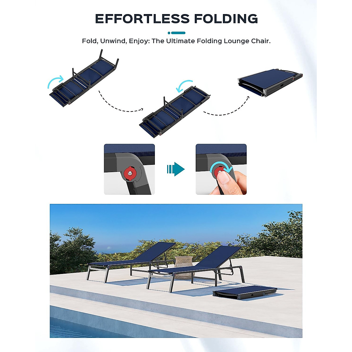 Aluminum Chaise Lounge Ourdoor - Foldable & Assemble Free Outdoor Lounge Chair with 5 Adjustable Backrest, Patio Lounge Chair for Outside Poolside Beach Pool, Navy Blue