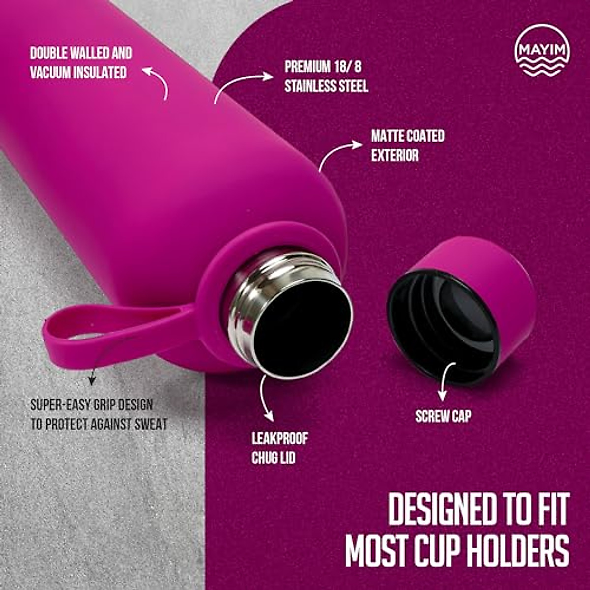 Mayim The Dome Insulated Stainless-Steel Water Bottle with Screw-Top Lid, Matte Metal Sports Water Bottle, 34 Ounces, Hot Pink