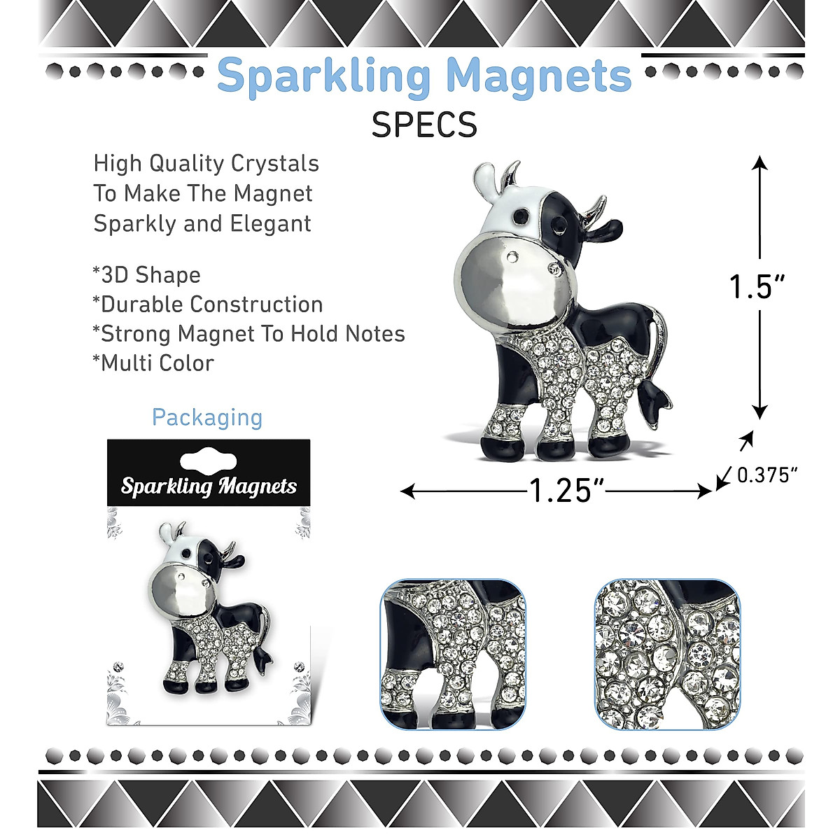 Aqua79 Cow Sparkling Refrigerator Magnet - Silver Sparkling Charm Rhinestones Crystals, Cute Sparkly Farm Animal Magnet for Kitchen Door Fridge, Cool Home and Office Novelty Decor - 1.5 Inches