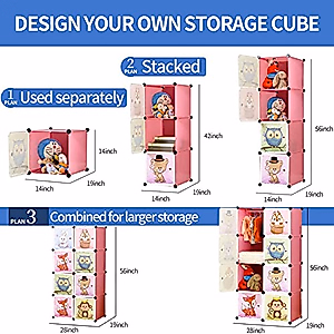 BRIAN & DANY Portable Cartoon Clothes Closet DIY Modular Storage Organizer, Sturdy and Safe Wardrobe for Children and Kids, 6 Cubes&1 Hanging Sections, 30% Deeper Than Standard Version, Red