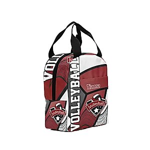 Volleyball Red White Black Reusable Insulated Neoprene Lunch Tote Bag Cooler with 2 Pockets Custom Personalized Portable Lunchbox Handbag with Name for Gift