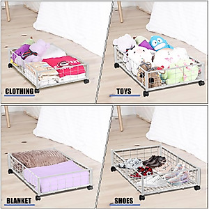 Kmise Underbed Storage With Wheels,2 Pcs Metal Under Bed Storage Containers For Bedroom Clothes Blankets Toy Book Bedding Shoes Storage Organizer (White, 2 Pcs)