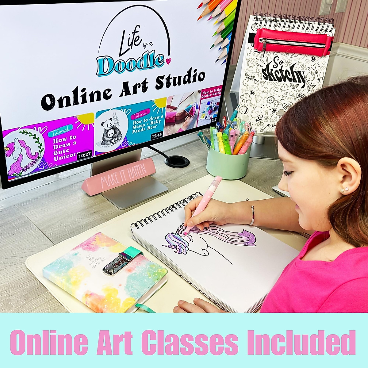 Life is a Doodle Diary with Lock For Girls- Girls Journal Gift Set Includes: Leather Notebook Journal with Lock, Travel Pencil Case, Love Cuff, Writing Pen - Trendy Journal For Teen Girls & Kids