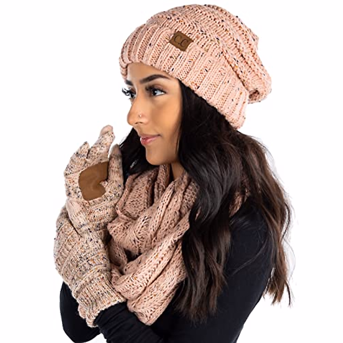 Funky Junque Hat Scarf Glove Set for Women Christmas Gifts Winter Matching Beanie Infinity Scarf Texting Gloves Confetti Indi Pink