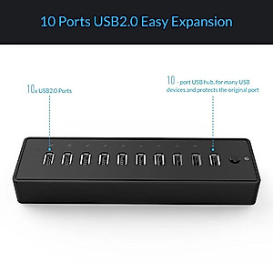 SHYPT USB HUB 10 Port ABS USB2.0 HUB with 12V Power Adapter High Speed USB Splitter for PC Computer Accessories 1M Data Cable