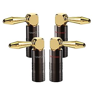 FosPower Right Angle Banana Plugs (2 Pairs / 4 pcs), Closed Screw 24K Gold Plated Banana Speaker Plug Connectors for Speaker Wire, Wall Plate, Home Theater, Audio/Video Receiver, and Sound Systems