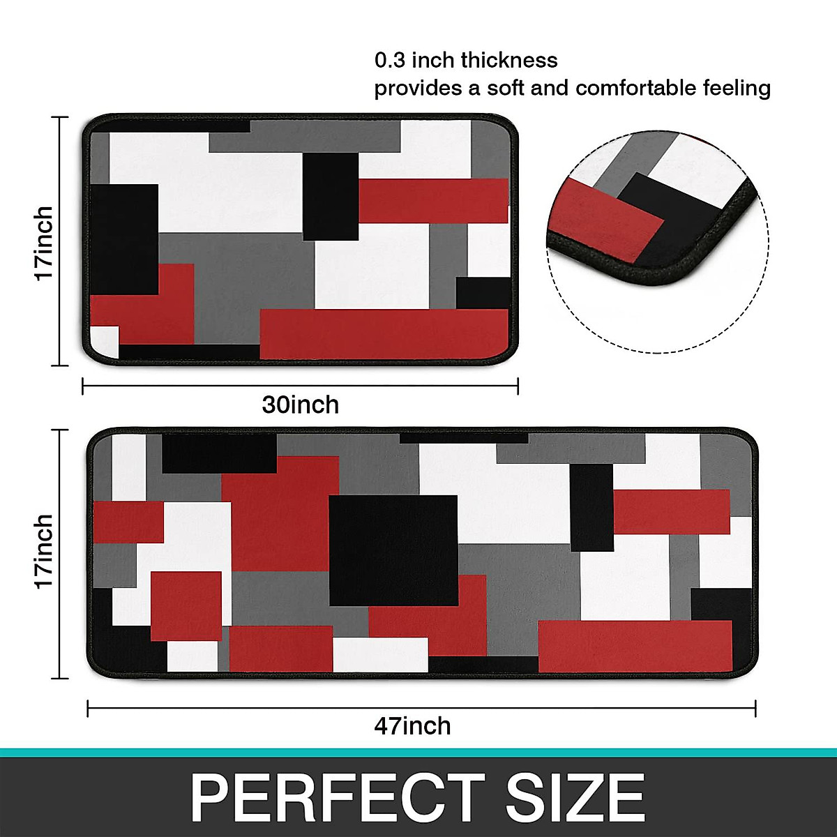 Red Black White Geometric Patterns Kitchen Rugs and Mats Set of 2,Modern Decoration Style Kitchen Mat Non-Slip Absorbent Mats for Sink Waterproof Runner Rug for Laundry Room 17x30+17x48inch