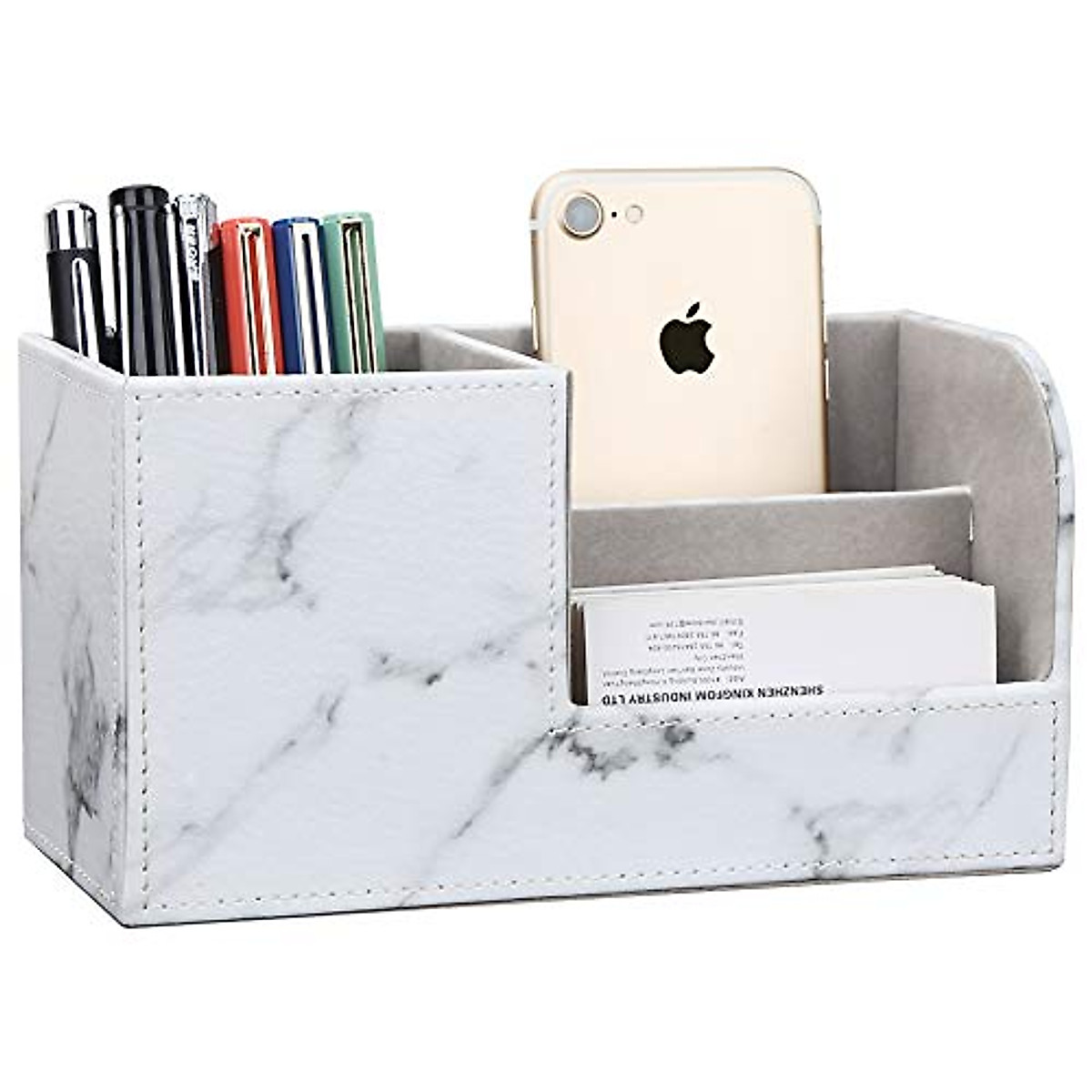 KINGFOM Desk Organizer Office Supplies Caddy Pu Leather Multi-Function Storage Box Pen/Pencil,Cell Phone, Business Name Cards Remote Control Holder Gray Marble
