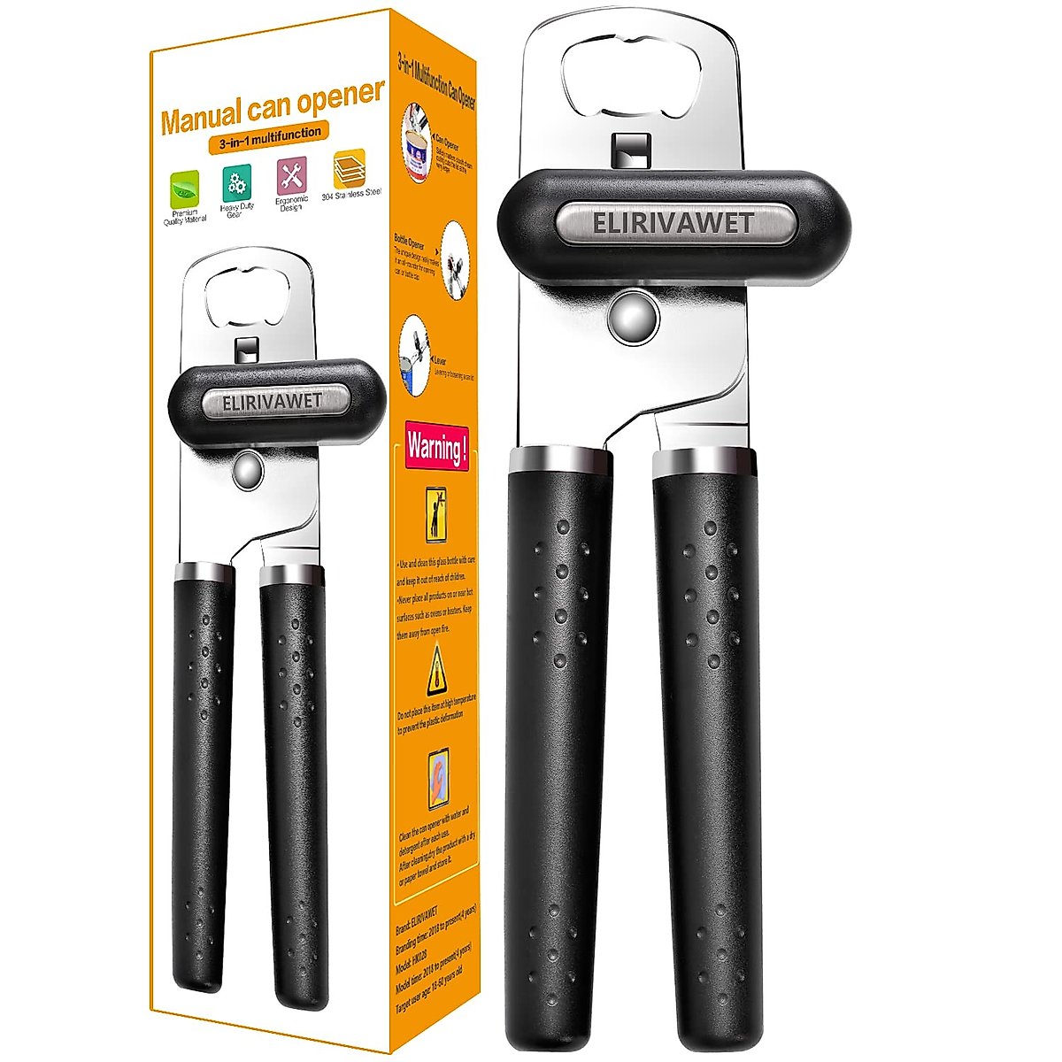 Can Opener Manual Heavy Duty Handheld Can Opener Smooth Edge Comfortable Grip Safety Can Openers, Sharp Cutting Wheel, Oversized Easy Turn Knob, Built-in Bottle Opener