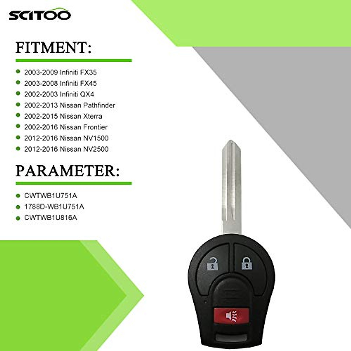 SCITOO Keyless Entry Option Replacement for 3 Buttons 2003-2016 for Infiniti FX35 FX45 QX4 for Nissan Armada Cube Frontier NV1500 Quest 1PC FCC CWTWB1U816A