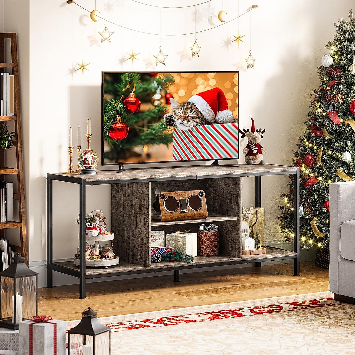 Gizoon TV Stand for TVs up to 65 Inch,Entertainment Center with Open Storage Shelves,TV Media Console Table for Living Room and Bedroom, Gray