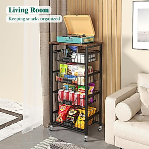 CHLORYARD 5-Tier Vegetable Fruit Basket Kitchen Storage Rolling Cart on Wheels with Pull-Out Baskets and Wood Top for Kitchen Diningroom Pantry