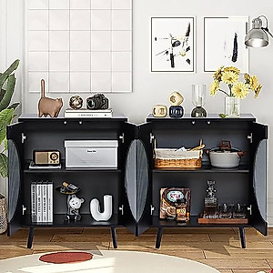 Modern Glass Sideboard Buffet Cabinet set of 2, Accent Cabinet Freestanding Kitchen Storage Cabinet Console Table with Adjustable Shelves and Pop-up Doors for Living Room, Kitchen, Hallway (Black)