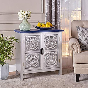 Christopher Knight Home Alana Firwood Cabinet with Faux Wood Overlay, Silver / Navy Blue