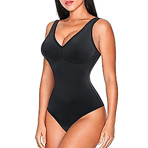 Nebility Women Waist Trainer Shapewear Slim Body Shaper Deep V Neck Thong Bodysuit Tummy Control Jumpsuit Tops (M, Black)