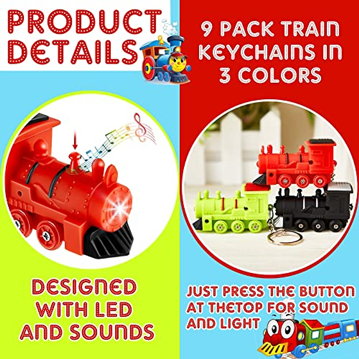 24 Pcs Trains Party Favors Train Keychain Light Up Backpack Clips with LEDs and Sounds LED Train Party Birthday Supplies Fun LED Light Up Keychains Classroom Rewards Goodie Bag Filler Carnival Prize