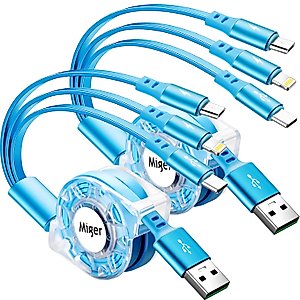 Multi Charging Cable,[2Pack 4FT] Retractable Fast Charging 3 in 1 USB Charger Cable Phone Charger Cord with Lightning/Type C/Micro USB Port for Cell Phones,iPhone,iPad,Samsung Galaxy,PS,Tablet,More