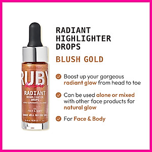 Ruby Kisses Radiant Drops, Shimmer Liquid Highlighter Makeup, Smooth Illuminator for Face Body, Natural Glow Dewiness Glitter for Skin (BLUSH GOLD)