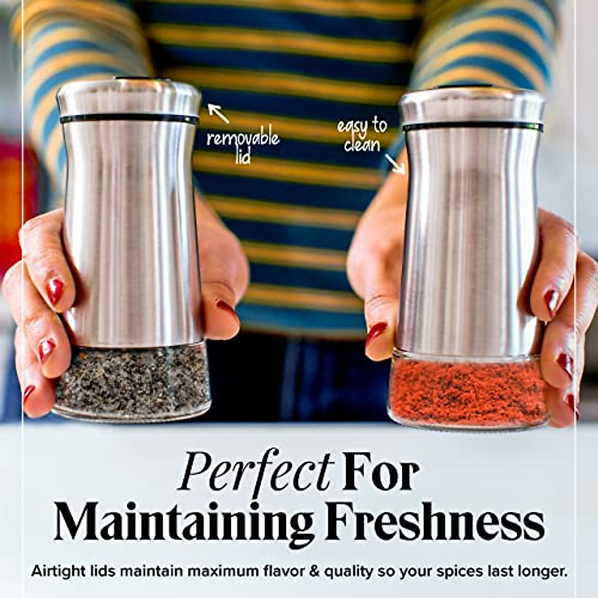 Premium Salt and Pepper Shakers with Adjustable Pour Holes - Elegant Stainless Steel Salt and Pepper Dispenser - Perfect for Himalayan, Kosher and Sea Salts - Spices