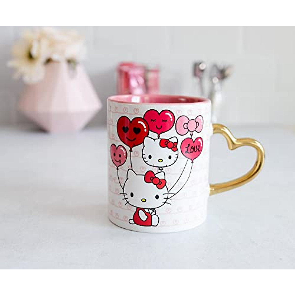 Sanrio Hello Kitty Love Heart-Shaped Handle Ceramic Mug | Large Coffee Cup For Espresso, Caffeine, Beverages, Home & Kitchen Essentials | Cute Valentine's Day Gifts and Collectibles | Holds 14 Ounces