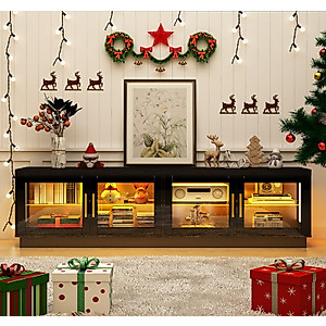 Hlivelood 71IN LED TV Stand for 85/80/75inch TV,High Glossy Modern TV Stand for Living Room,Wooden Farmhouse TV Stand,TV Entertainment Center with Storage Cabinet,TV Console,RGB LED(Black)