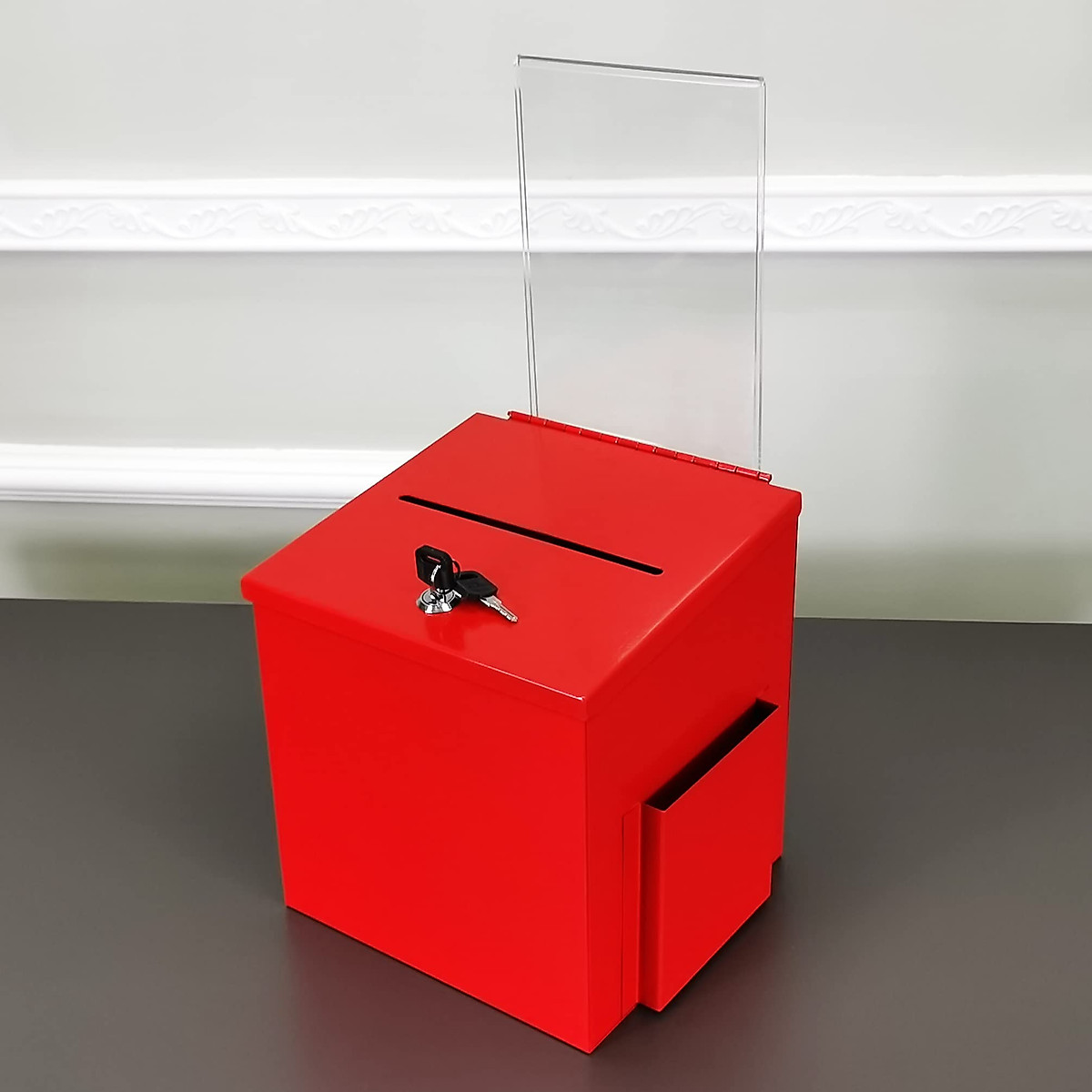 FixtureDisplays® Red Metal Donation Box Suggestion Tithes Offering Box with Sign Holder 8.5X8.1X18" 11573RED