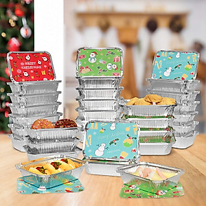 Rocinha 36 PCS Christmas Aluminum Foil Pans with Lids-3 Holiday Print Designs, Aluminum Food Containers Disposable, Christmas Tins for Food, Candy, Cookie Exchange & Party Leftovers, 7.3"x 5.2" x 2"
