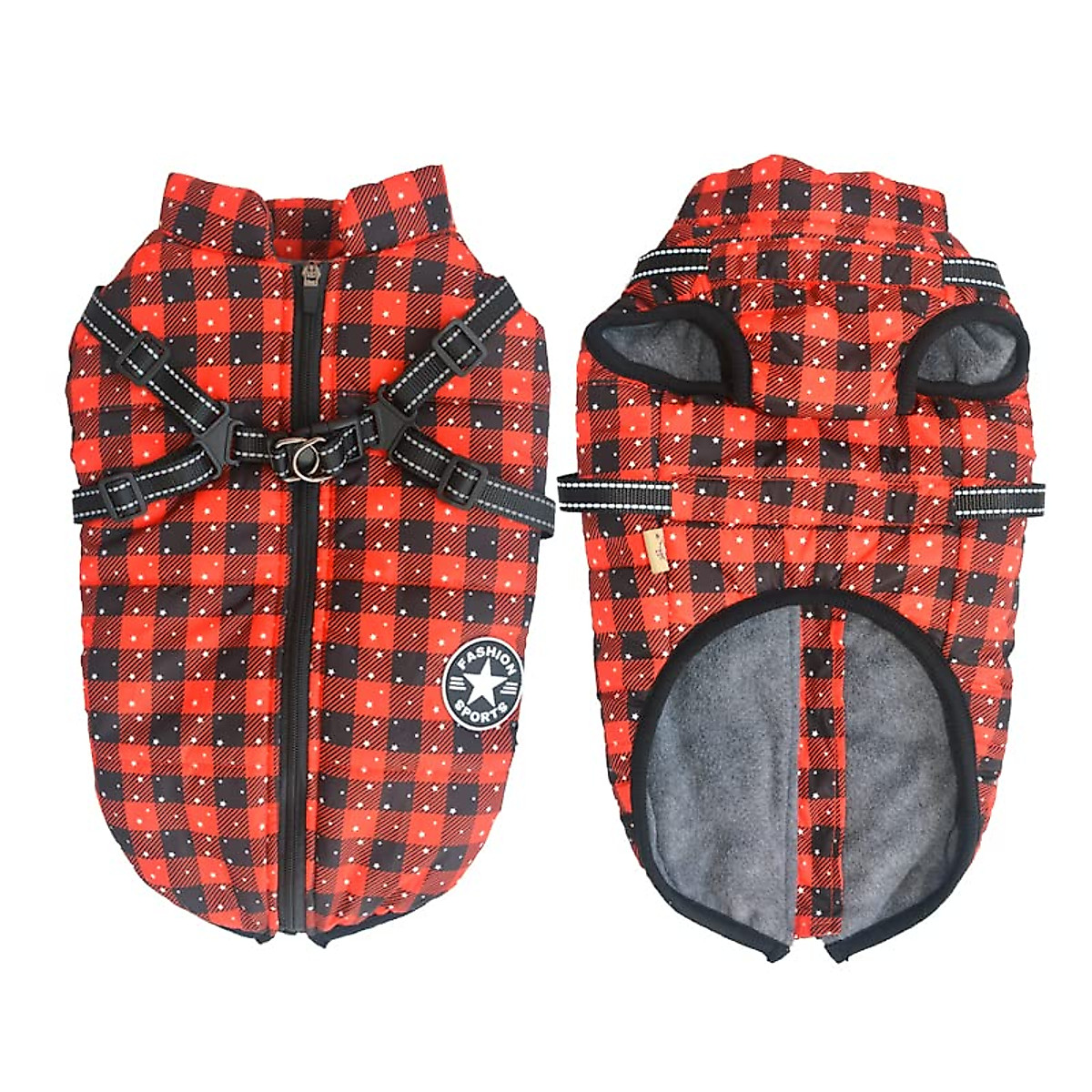 Macho Man Cold Weather Winter Dog Puppy Coat Harness Waterproof Windproof Warm Fleece Small Medium Large Dogs Holiday Pet Gift (Red Plaid, Large)