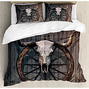 Ambesonne Barn Wood Wagon Wheel Duvet Cover Set, Long Horned Bull Skull and Old West Wagon Wheel on Rustic Wall, Decorative 3 Piece Bedding Set with 2 Pillow Shams, Queen Size, White Black Brown