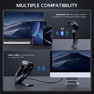 TEEMI QR Bluetooth 5.0 Barcode Scanner with Wall Mountable USB Charging Cradle Data Receiver, 1D 2D Wireless CMOS Screen Scanning PDF417 Data Matrix, Max 300 Yards Transfer Range