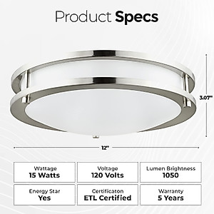 Diodesy 12 Inch LED Ceiling Light Fixture, 15W Flush Mount Ceiling Light Fixture for Bathroom Hallway Living Room and Bedroom, Dimmable, 1050LM, 2700K-5000K 5CCT Adjustable, Brushed Nickel, ETL.