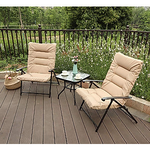 PHI VILLA 3 PCS Patio Bistro Set Outdoor Furniture Folding Chairs Set with Beige Cushions, 2 Adjustable Reclining Chairs & 1 Tempered Glass Coffee Table