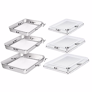 TeamFar Lasagna Pan(3 Pan & 3 Lids), 12⅖” & 10¼” & 9⅖” Cake Pan with Lids, Rectangular Baking Pan Stainless Steel Bakeware Set for Lasagna Cake Brownie, Healthy & Sturdy, Dishwasher Safe