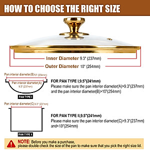 Tempered Glass Lid 10 Inch, Universal Glass Pan Lid with Metal Handle, Glass Covers for Pots,Pans and Skillets, Dishwasher Safe, Gold