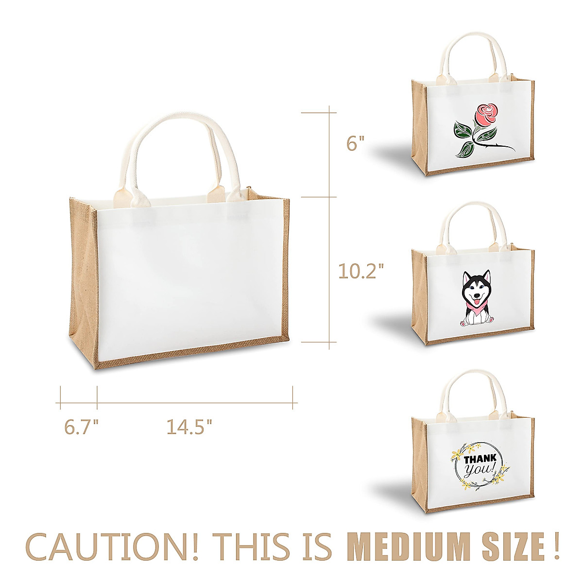 YACEYACE Burlap Tote Bags with Handles, 14.5" x 6.7" x 10.2" Set of 3 Jute Travel Tote Bags Beach Tote Bags Reusable Grocery Bags Bridesmaid Bags Tote Bags for Travel,DIY,Wedding,Shopping