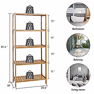 Kinsuite 5-Tier Bamboo Bathroom Shelf - Free Standing Storage Organizer Rack Multifunctional Utility Shelf Natural