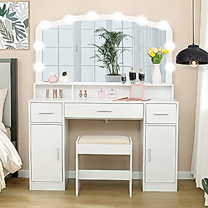 usikey Large Vanity Set with Large Lighted Mirror, Modern Makeup Vanity Table with 3 Drawers, 2 Storage Cabinets & 10 LED Bulbs, Dressing Table with Cushioned Stool for Women, Bedroom, White