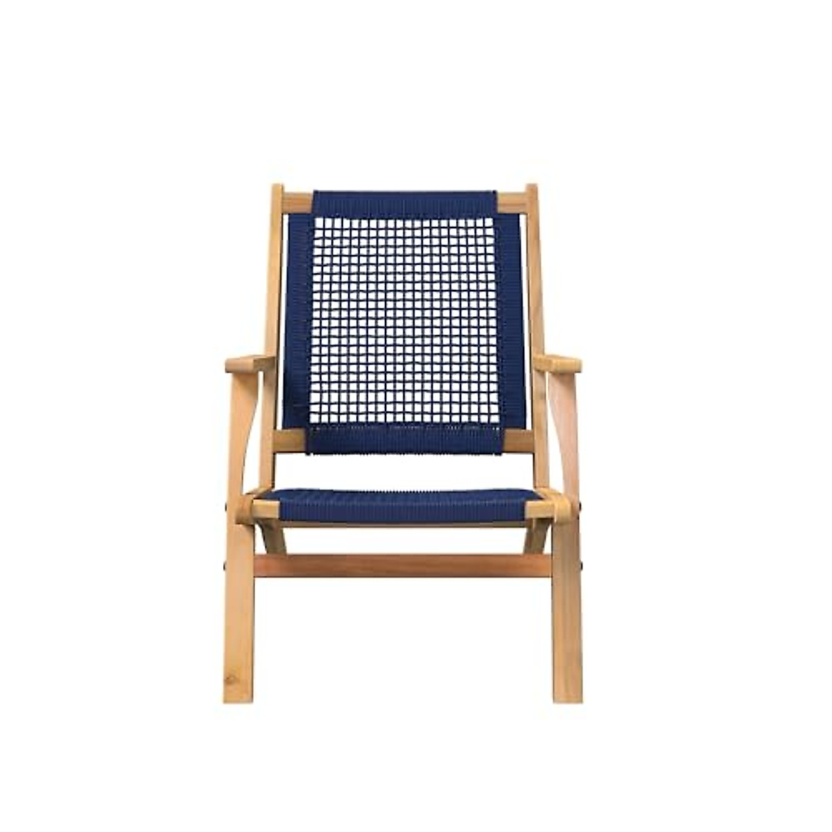 Patio Sense 63634 Vega Natural Stain Outdoor Chair Acacia Wood Construction Woven Web Seat Mid Century Design Comfortable Reclining Armchair Patio Lawn Garden Backyard Deck - Navy Blue Cording