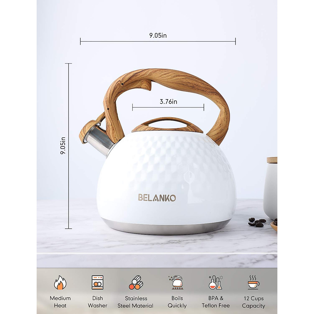 Tea Kettle, 2.7 Quart / 3 Liter BELANKO Stainless Steel Tea Kettles for Stove Top, Food Grade Teapot with Wood Pattern Handle Loud Whistling for Coffee, Milk etc, Gas Electric Applicable - Gloss White