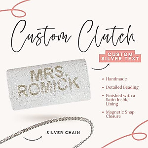 Personalized Custom Clutch Purse for Women, Beaded Clutch Crossbody Bag with Silver Chain Strap, Perfect for Wedding, Prom, Bridal Shower, Bachelorette Party, Engagement, & Honeymoon (Silver)