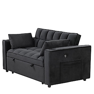 Convertible Sofa Couch with Pull-Out Sleeper,Adjustable Loveseat Armchair Single Bed Chair with Cup Holder,USB Port,Side Pocket&Pillows for Living Room/Apartment/Office/Studio/Small Place
