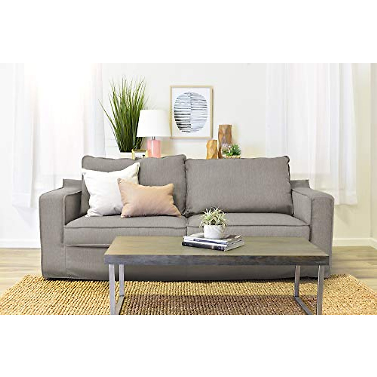 Serta Colton 85" Upholstered Living Room Sofa with Removable Slip Covers, Modern Track Arm Fabric Couch, Soft Comfortable Cushions, Linen Beige