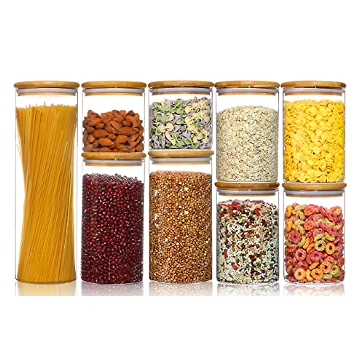 M MCIRCO Kitchen Canisters Set, 9Pcs Airtight Glass Jars with Bamboo Lids, Glass food Storage Containers for Kitchen & Pantry Organization, Cookie, Coffee, Pasta, Nuts and Spice Jars, Stackable