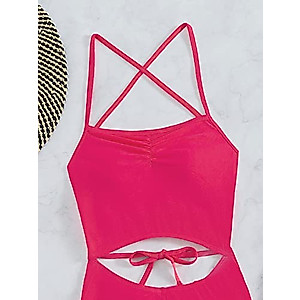 WDIRARA Women's Criss Cross Backless Ruched One Piece Swimsuit Monokini Swimwear Watermelon Pink M
