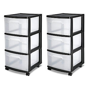 Generic Plastic Storage Drawer Cart, Medium Home Organization Storage Container with 3 Large Drawers w/Removeable Wheels, Black Frame with Clear Drawers and Black Casters, Set of 2 (Black)