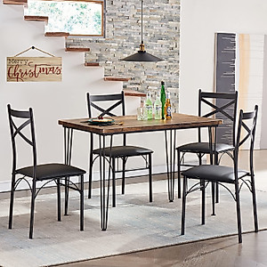 VECELO 5-Piece Set for Home Kitchen Small Space Breakfast Nook, 4 Faux Leather Metal Frame Chairs, Dining Table for 4, Retro Brown