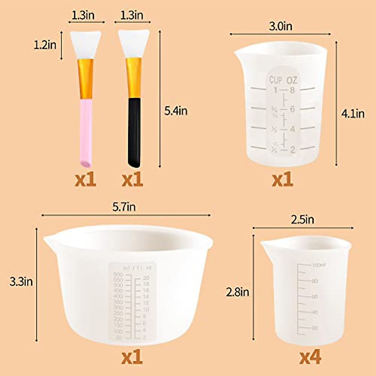 Silicone Measuring Cups Tool Kit,600ml&250ml&100ml Thickening&Polishing Silicone Mixing Cups with 2PCS Silicone Brushes for Mixing Resin,Silicone Cups for Epoxy Resin Mixing,Easy Clean