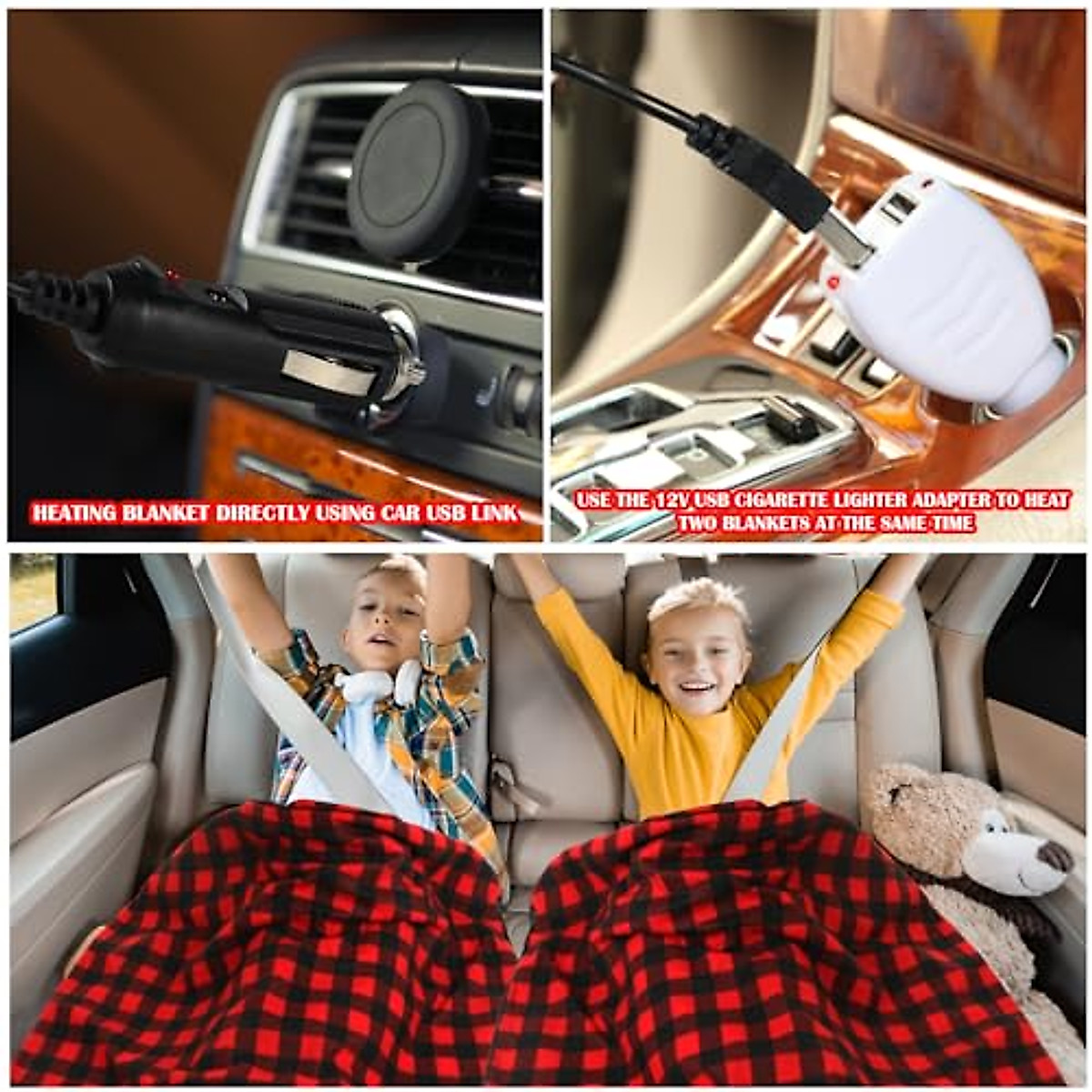 Baquler 2 Pcs Heated Car Blanket 48'' x 35.5'' 12V Portable Electric Blanket with 2 Pcs 12V to USB Adapter Electric Blanket for Car Hi/m/lo Temp for Camping Road Trip Winter Car Truck Accessory