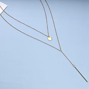 Yheakne Bohemia Layered Bar Coin Necklace Gold Vertical Bar Y Lariat Necklace Long Disc Pendant Necklace Chain Circle Necklace Jewelry for Women and Girls Gifts